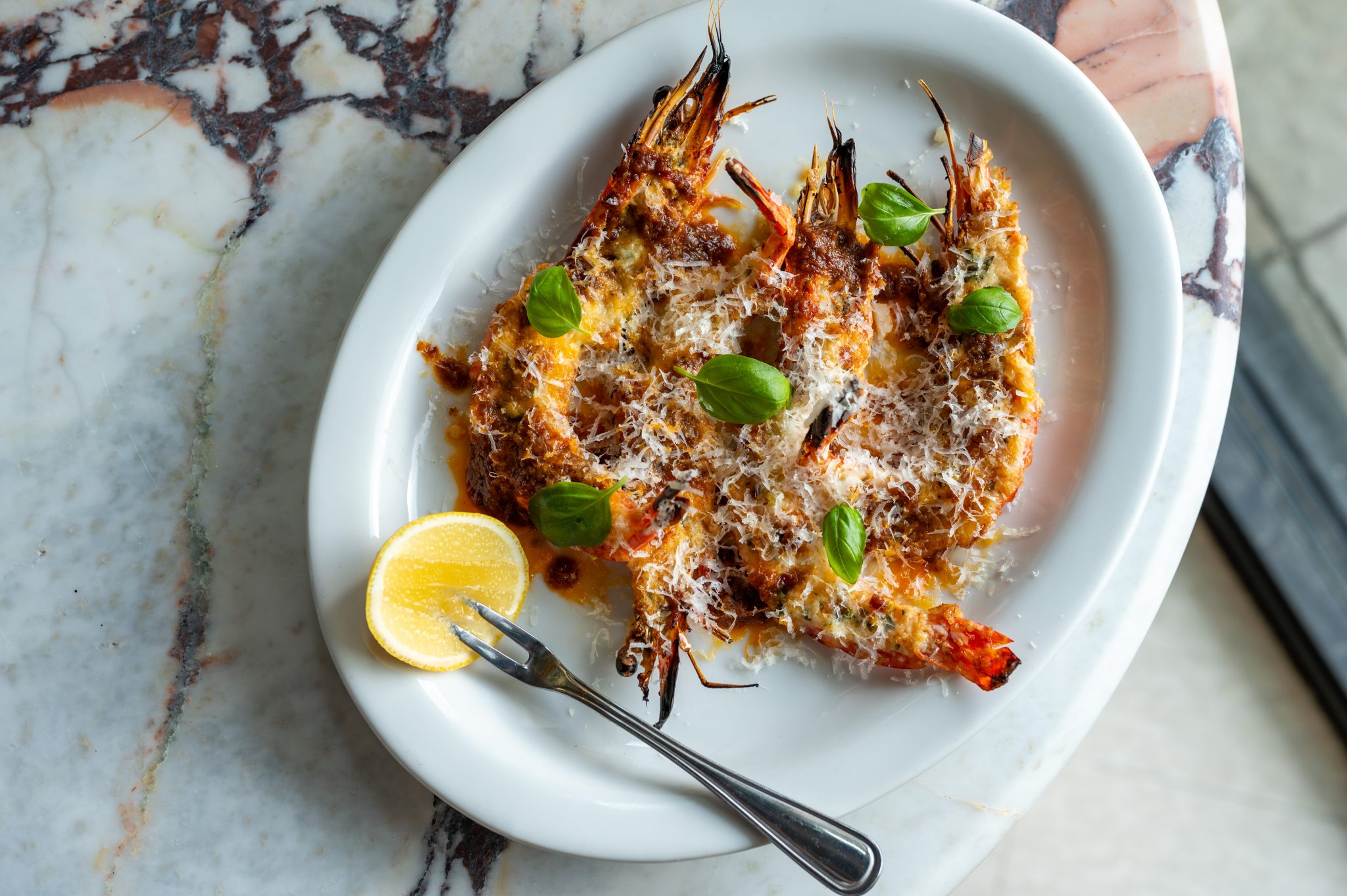 Wood-roasted tiger prawns, ‘nduja vinaigrette, Pecorino Romano PDO ...